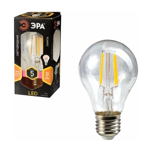 Лампа светодиодная филаментная ЭРА 5 (40) Вт цоколь E27 груша теплый белый свет 30000 ч, 3 шт