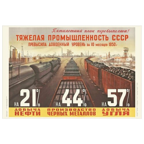 Плакат, постер на холсте Тяжелая промышленность СССР превысила довоенный уровень за 10 месяцев 1950 г. Размер 30 х 42 см