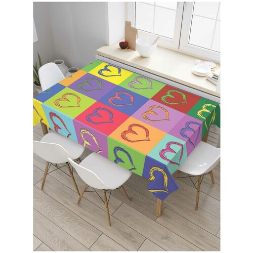 Скатерть прямоугольная JoyArty на кухонный стол "Разноцветные сердца в клетках" из оксфорда, 120x145 см