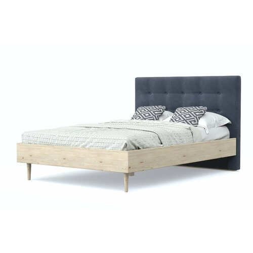 Двуспальная кровать альмена 180х200, с мягким изголовьем, серый-сосна, шенилл, массив дерева, на ножках