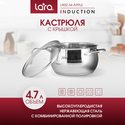 Кастрюля LARA LR02-34 APPLE, 4,7л, d22 см, из нержавеющей стали, для всех типов плит.