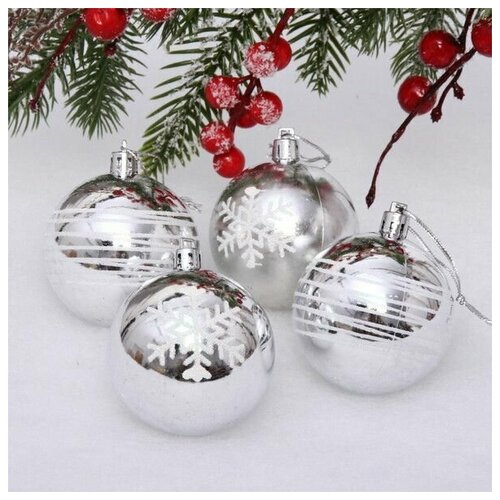 Набор новогодних игрушек на елку, шары украшения 6 см (4 штуки) Снежные нити, серебро/белый
