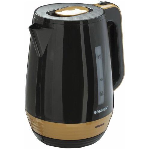 Чайник SONNEN KT-1776, 1,7 л, 2200 Вт, закрытый нагревательный элемент, пластик, черный/ горчичный, 453418