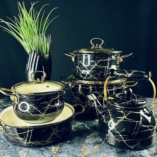 Набор эмалированной посуды для приготовления Lenardi "Черный мрамор" 9 предметов