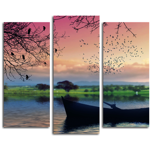 Модульная картина Пейзаж на озере в зелено-розовых 113х90 см