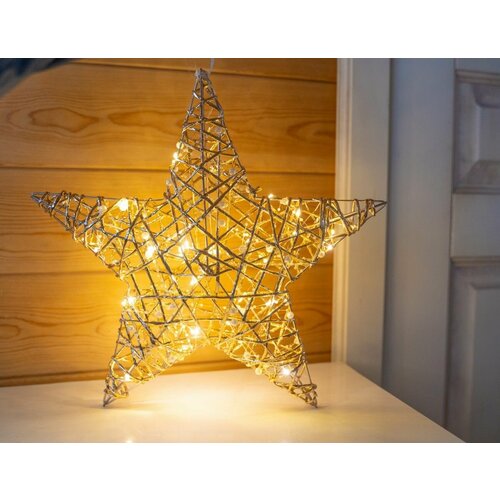 Светящаяся звезда тесситура доро большая, золотая, 30 тёплых белых mini LED-огней, 40 см, таймер, батарейки, Koopman International