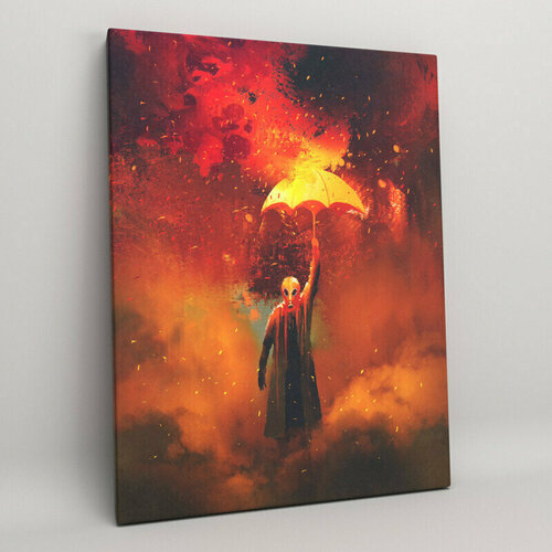 Картина на холсте (интерьерный постер) "Человек под огненным дождем в противогазе", с деревянным подрамником, размер 45x60 см