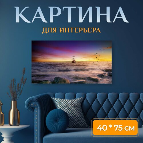 Картина на холсте "Пейзаж, море, пляж" на подрамнике 75х40 см. для интерьера