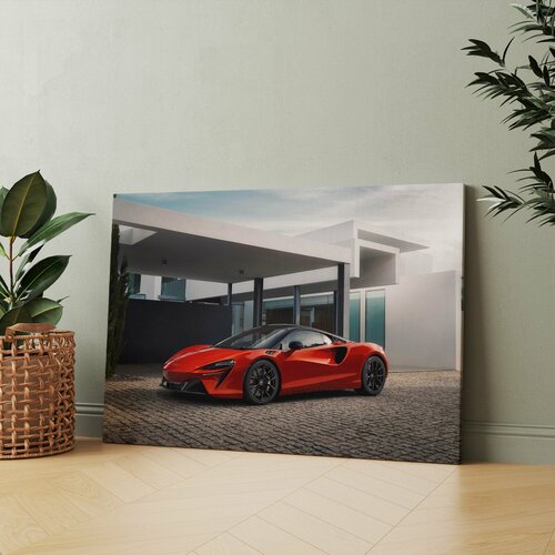 Картина на холсте "Красный спортивный автомобиль, припаркованный перед зданием" 80x100 см. Интерьерная, на стену.
