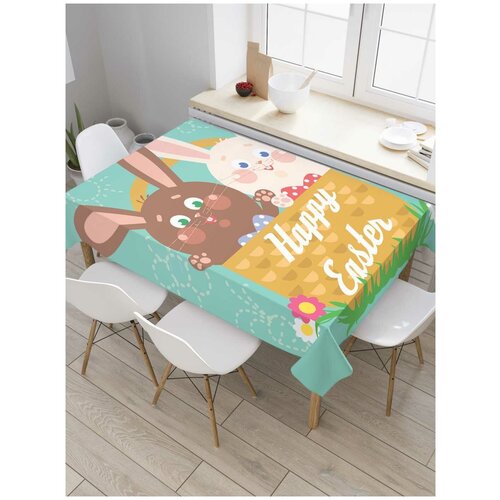Скатерть прямоугольная JoyArty на кухонный стол "Зайчики в корзине" из оксфорда, 180x145 см