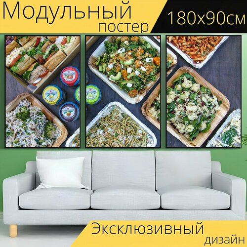 Модульный постер "Еда, тарелки, плоская планировка" 180 x 90 см. для интерьера