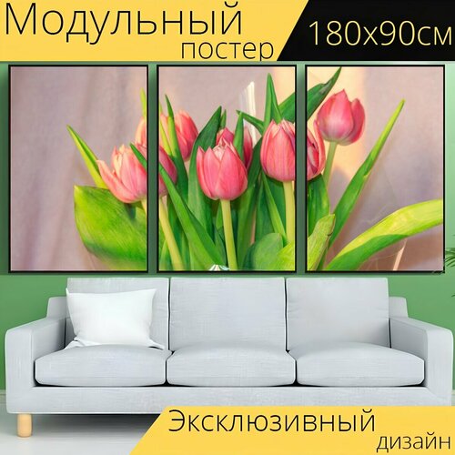 Модульный постер "Тюльпан, цветок цветы, букет" 180 x 90 см. для интерьера