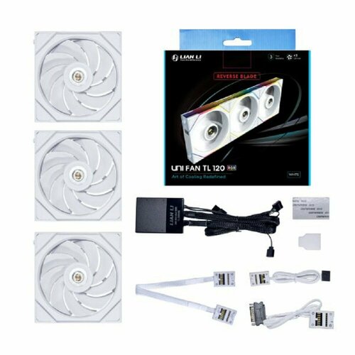 Lian Li Вентилятор G99.12RTL3W. R0 Комплект вентиляторов 3шт. UNI FAN TL LED 120 Reverse White 12RTL3W 120х124х28мм PWM, ARGB, 200-2600 об мин, 33dBa