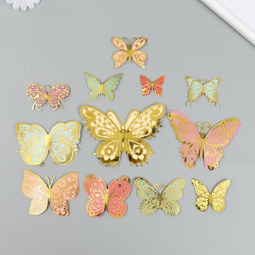 Бабочки картон двойные крылья "Ажурные. Нежные расцветки" набор 12 шт h 4-10 см на магните
