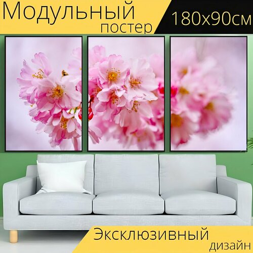 Модульный постер "Весенний цветок, розовый, дерево" 180 x 90 см. для интерьера