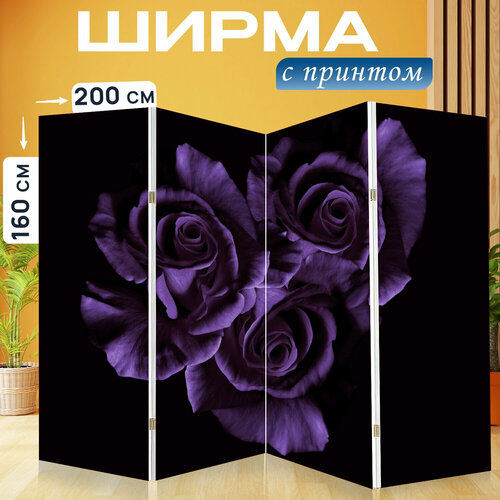 Ширма перегородка с принтом "Розы, цветы, завод" на холсте - 200x160 см. для зонирования, раскладная