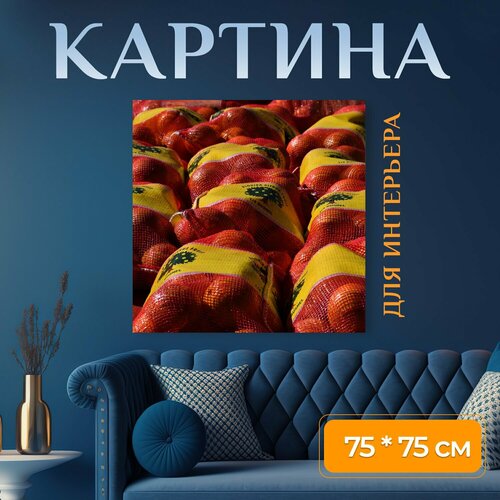 Картина на холсте "Апельсины, для продажи, фрукты" на подрамнике 75х75 см. для интерьера