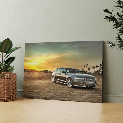Картина на холсте "Машина припаркована в поле на фоне заката" 30x40 см. Интерьерная, на стену.