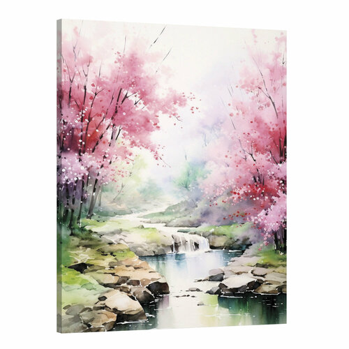 Интерьерная картина 50х70 "Пейзаж с дождем и расцветшими цветами"