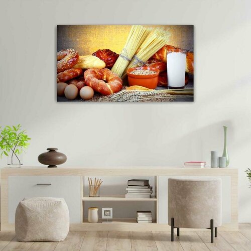 Картина на холсте 60x110 LinxOne "Тарелка спагетти стакан булки" интерьерная для дома / на стену / на кухню / с подрамником
