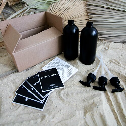 Набор черных флаконов с дозатором для ванной VALORGO, 2 штуки по 500 мл, 5 наклеек в комплекте, надписи на английском языке