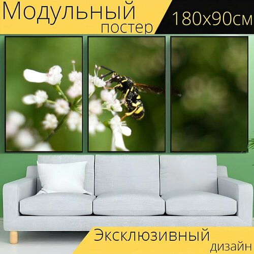 Модульный постер "Желтый жук, насекомое, сад" 180 x 90 см. для интерьера