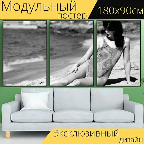 Модульный постер "Женщина, пляж, купальник" 180 x 90 см. для интерьера