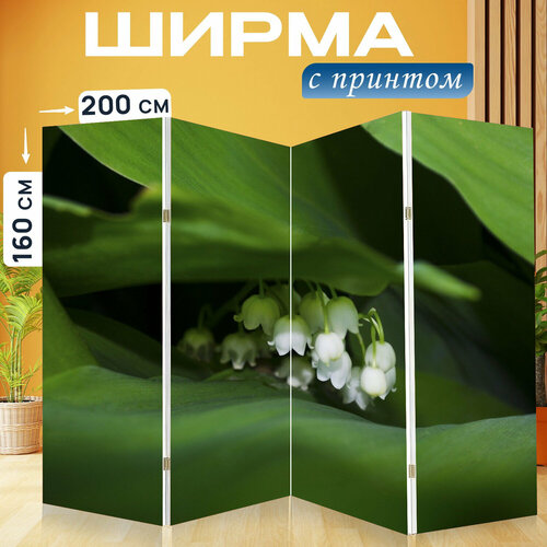 Ширма перегородка с принтом "Ландыш, цветок, зеленый" на холсте - 200x160 см. для зонирования, раскладная