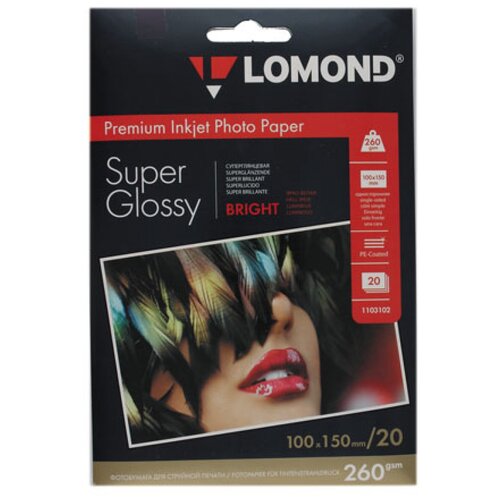 Бумага Lomond 1103102 Суперглянцевая ярко-белая (Super Glossy Bright) микропористая фотобумага для струйной печати, A6, 260 г/м2, 20 листов.