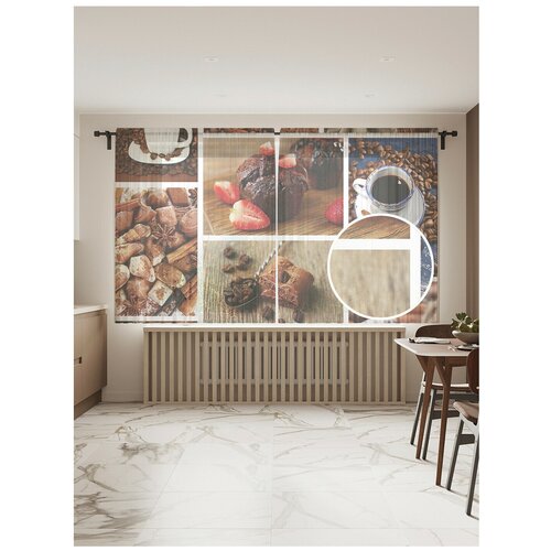 Тюль для кухни и спальни JoyArty "Наслаждение от кофе", 2 полотна со шторной лентой шириной по 145 см, высота 180 см.