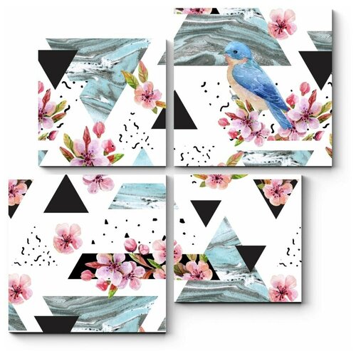 Модульная картина Птицы, цветы и треугольники 70x70