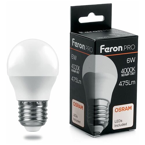 38069 Лампа светодиодная Feron PRO 6W=40W 230V E27 Шарик G45 475Лм Ra>80 4000К, упаковка 1шт