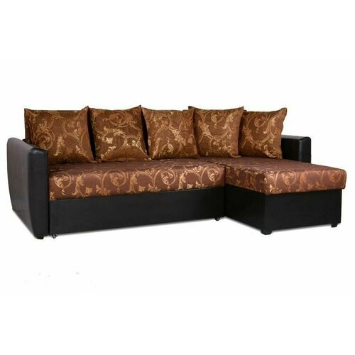 Угловой диван раскладной Мартин правый еврокнижка, шенилл коричневый, крупный вензель/ коричневый кожзам