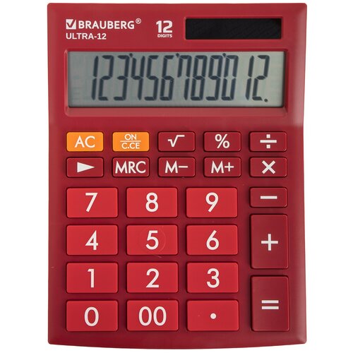 Калькулятор настольный BRAUBERG ULTRA-12-WR (192x143 мм), 12 разрядов, двойное питание, бордовый, 250494 В комплекте: 1шт.