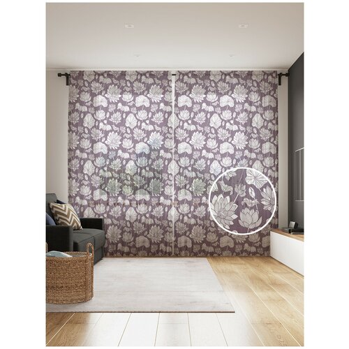 Тюль для кухни и спальни JoyArty "Монохромные лилии", 2 полотна со шторной лентой шириной по 145 см, высота 265 см.