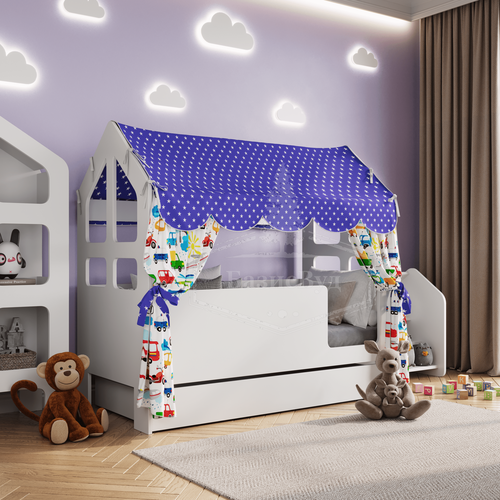Кровать детская домик с текстилем и ящиком (Вход справа, синий, с машинками) "Сладкий сон"