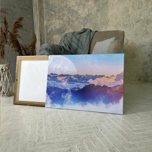 Картина на холсте (Облака в горах, луна, пейзаж) 60 80 см/ для интерьера/в комнату/на стену/в подарок