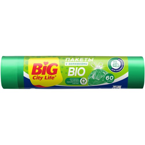 Мешки для мусора BIG City Life Bio с затяжками HD 60x64 60 л, 10 шт., 1 упак., зелeный