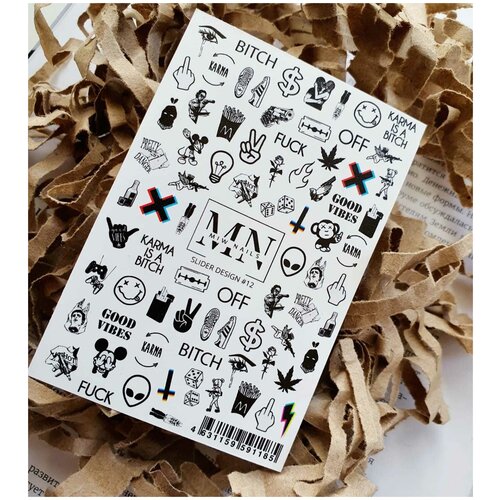 MIW Nails "Слайдеры для ногтей" водные наклейки для дизайна #09 черно-белый текст, слова, цитаты