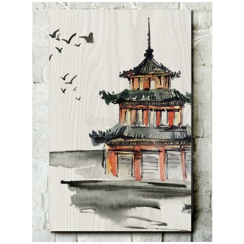 Картина интерьерная на дереве китайская живопись (Го - хуа, пагода) - 883