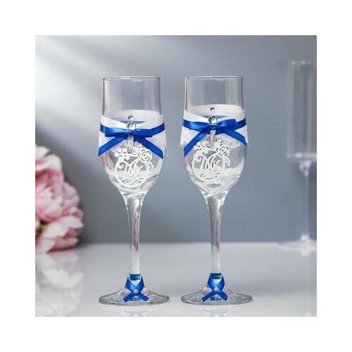 Набор свадебных бокалов "Романтика", ручной работы, синий-серебро, 6х6х20,5 см 5479873 .