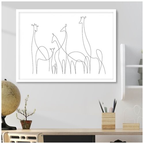 Постер В рамке "Жирафы, семья линейный силуэт" 50 на 70 в белой раме / Картина для интерьера / Плакат / Постер на стену