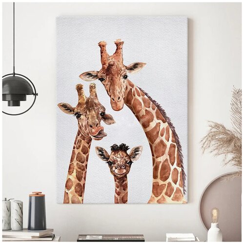 Интерьерная картина "Жирафы" на натуральном хлопковом холсте, большая, для интерьера, на стену, на подрамнике, размер 60 на 90/60х90 см