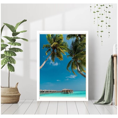 Постер В рамке "Пляж, пальмы, море" 40 на 50 (белая рама) / Картина для интерьера / Плакат / Постер на стену / Интерьерные картины