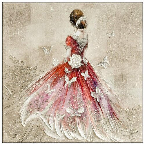 Картина "Фея" 50x50 см. Девушка в красном, интерьерная картина на стену, с объёмным декором, акрил. (плекси-арт/оргстекло) Графис