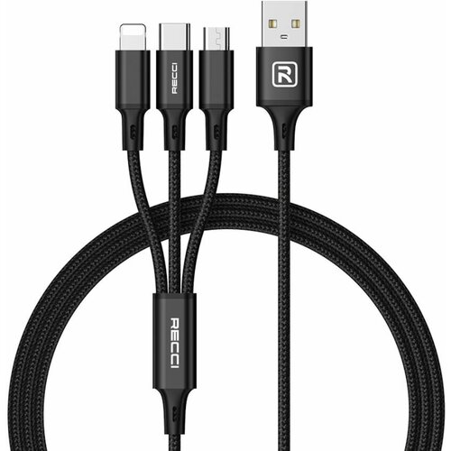 Кабель для зарядки телефона Recci RCS-D120 FASTWIND USB to Type-C+Lightning+Micro-USB, 1.2 метра, черный