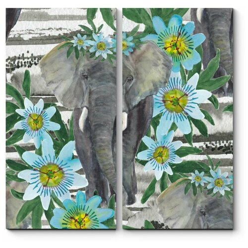 Модульная картина Слон, гуляющий среди цветов110x110