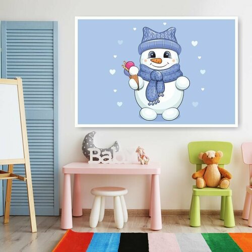 Постер для интерьера на стену Новый Год Снеговичок для детской Горизонтальный 40х30 см в тубусе ПолиЦентр