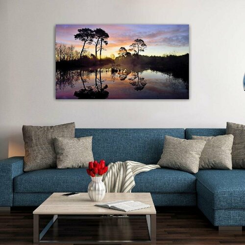Картина на холсте 60x110 LinxOne "Утро озеро пейзаж" интерьерная для дома / на стену / на кухню / с подрамником