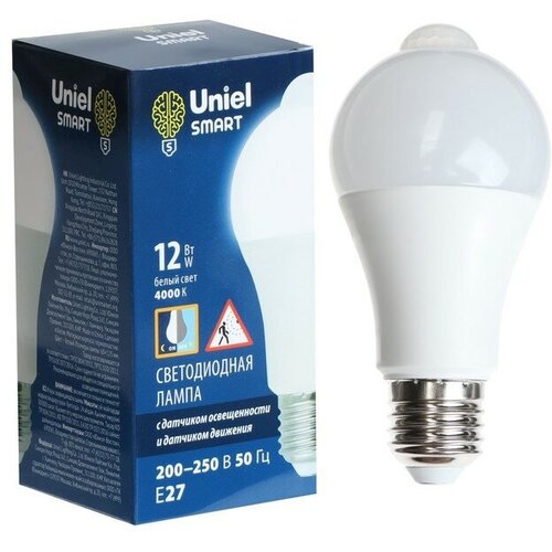 Uniel Светодиодная лампа Uniel, LED-A60-12W, 12 Вт, 4000 K, E27, PLS10WH, датчик освщенности, движ